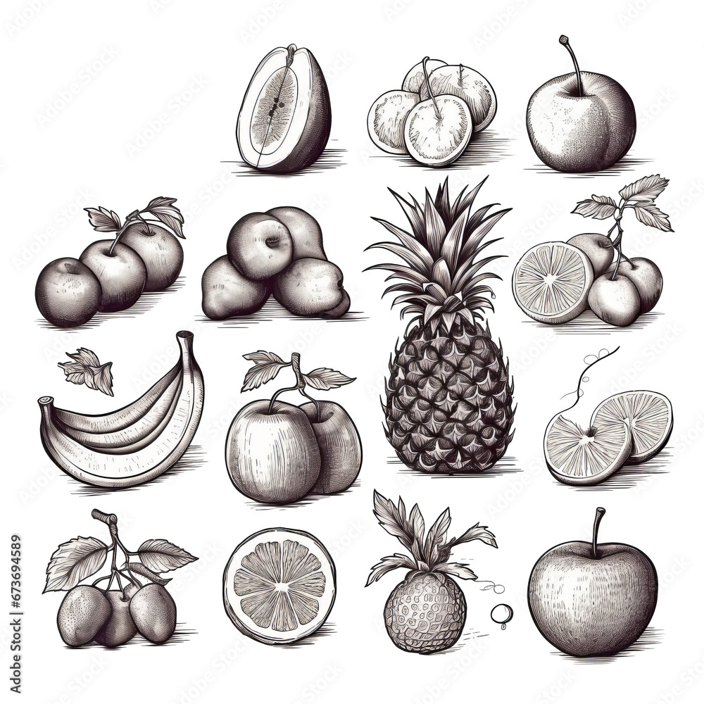 hand-drawn rough line illustrations with a fruit theme on transparent ...