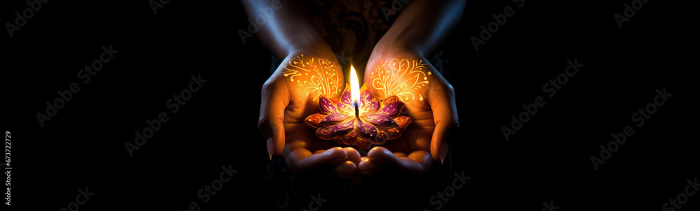 Indian Woman holding an oil lamp on night background, Hindu Festival of ...