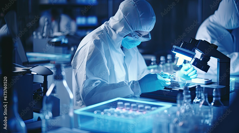 A laboratory technician makes microscopic bacteriological examination ...