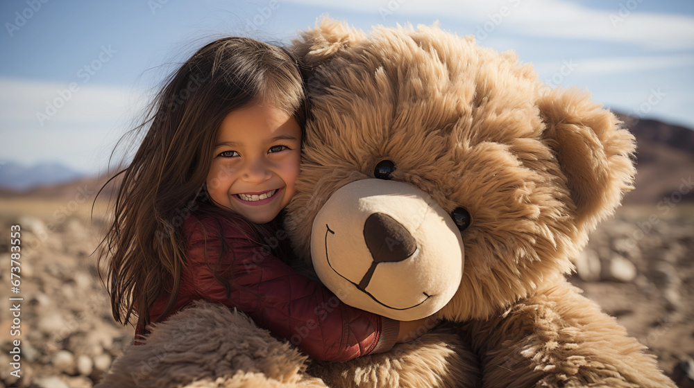 Bear Hug: An oversized teddy bear hugging a child, spreading joy on ...