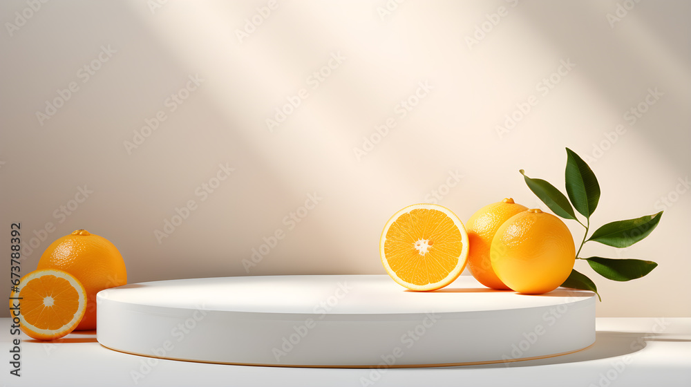 Summer mockup concept for product presentation. Empty podium and orange ...