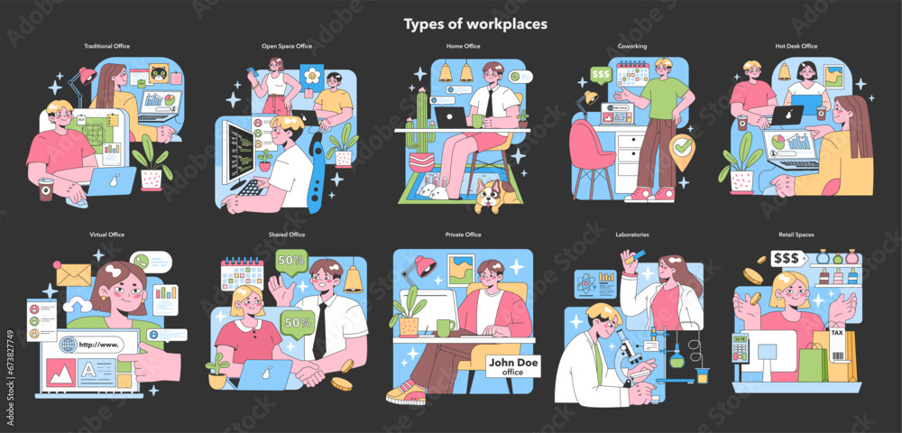 Workplace variety set. Diverse office spaces and environments portrayed ...