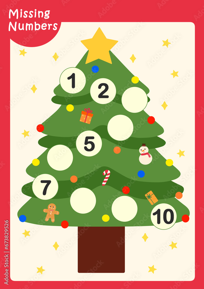 Missing numbers worksheet for children with cute christmas illustration ...