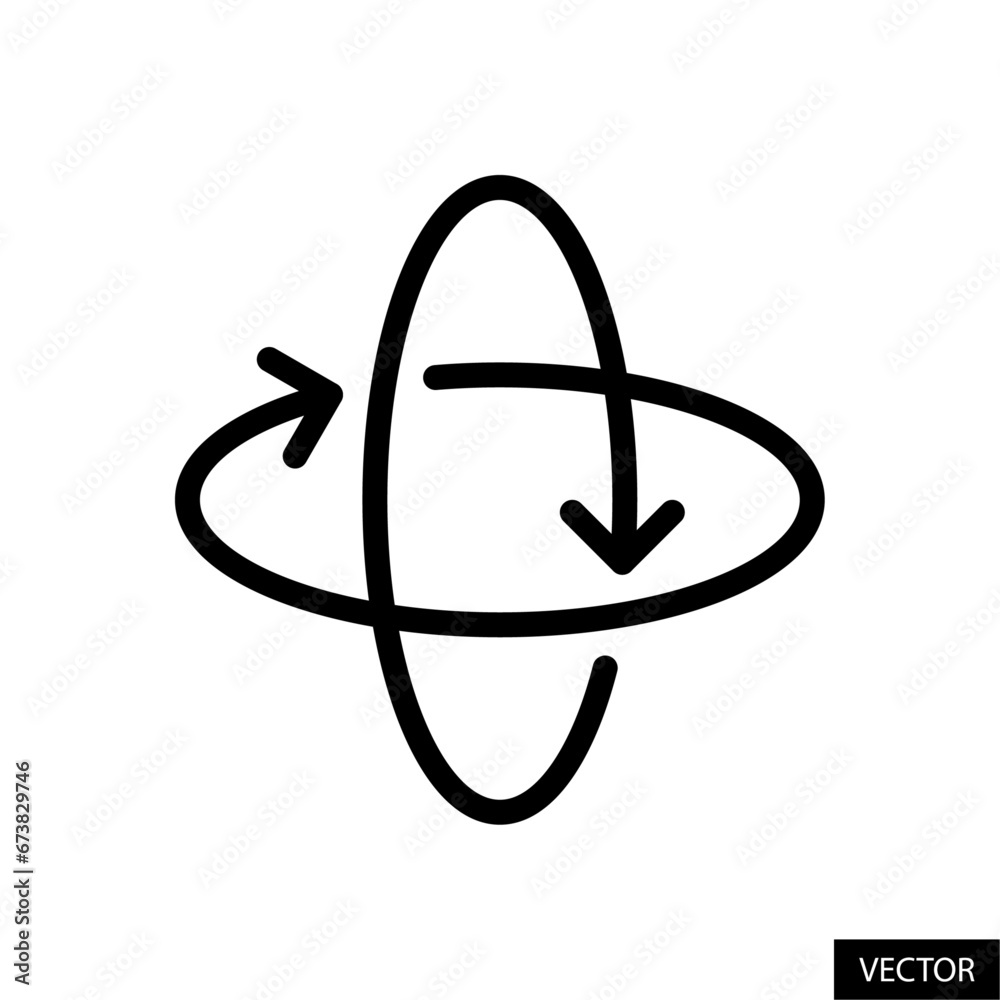 360 degree view, rotate 360 degrees, 3D rotation vector icon in line ...