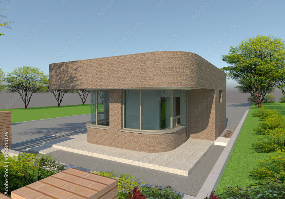 house in the park, modern house in the garden, rendering of a guard ...