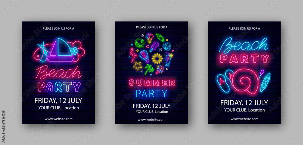 Beach party neon vertical posters collection. Beach event flyers set ...