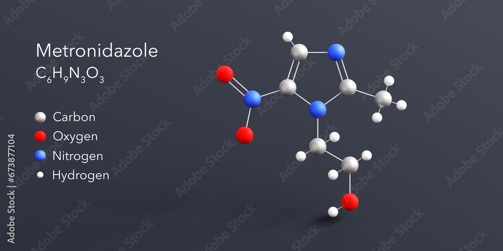 metronidazole molecule 3d rendering, flat molecular structure with chemical formula and atoms ...