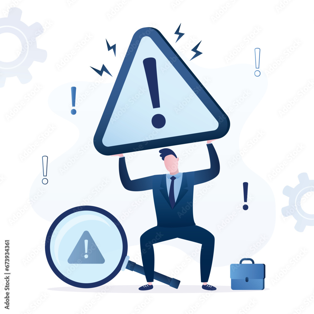 Businessman carrying and lift giant triangle sign with exclamation mark ...