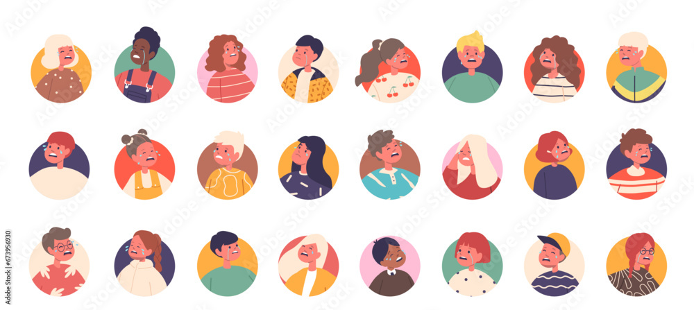 Crying Kids Characters Avatars Feature Tearful Children With Sad ...