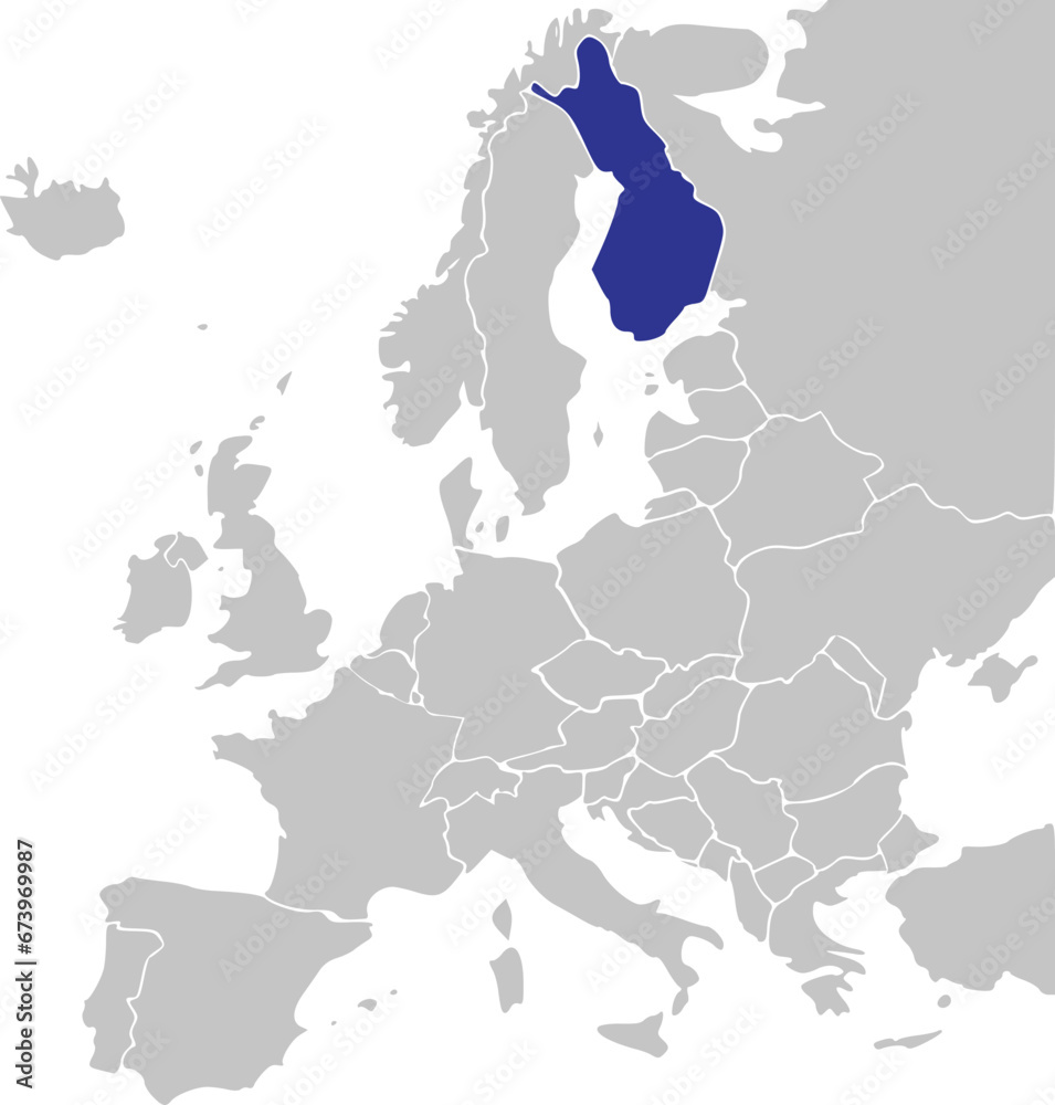 Blue CMYK national map of FINLAND inside simplified gray blank ...