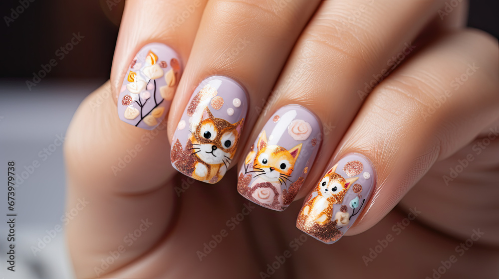 Acrylic Nails with Cute Cats Art and Boho Florals, Artistic Nail ...