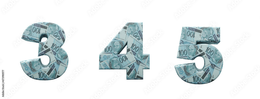 Brazil money alphabet. Numbers 3, 4, 5, formed with 100 reais bills ...