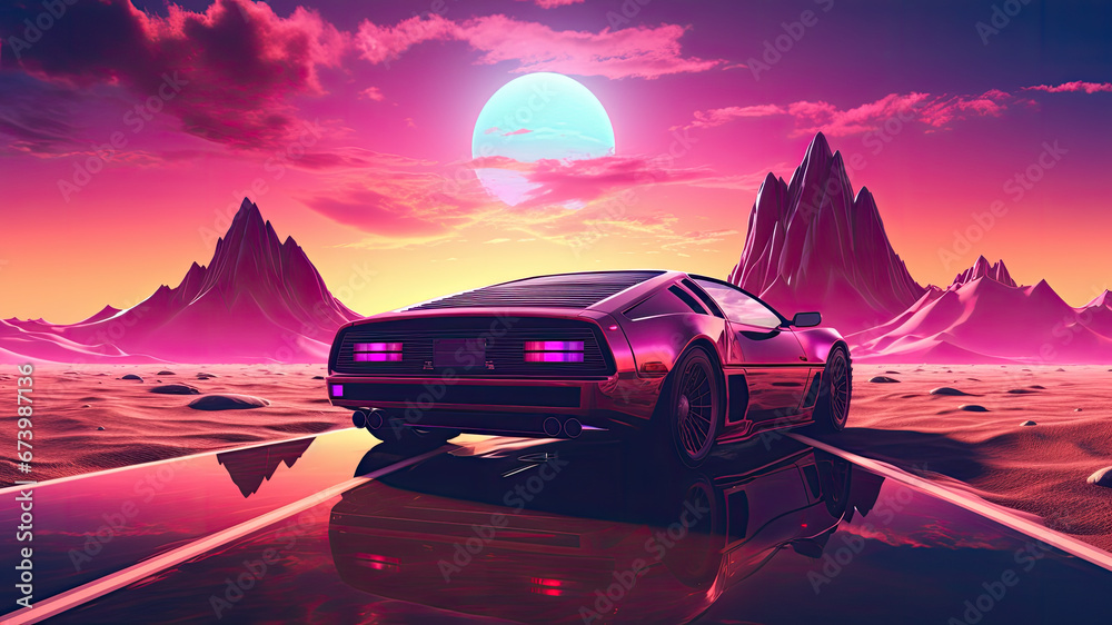 80s retro futuristic drive with vintage car. Stylized sci-fi landscape ...