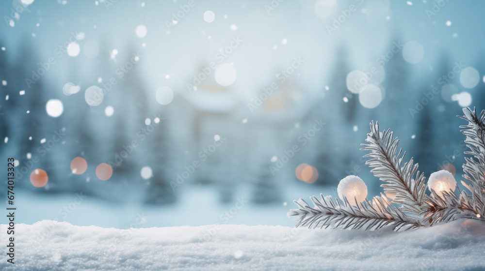 Beautiful winter background with spruce branches and small drifts of ...