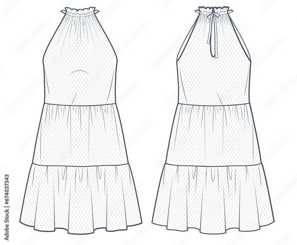Mesh Dress technical fashion illustration. Sheer Tiered Dress fashion ...
