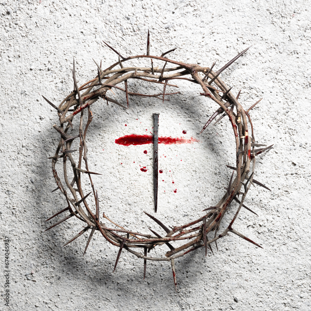 Crown Of Thorns On Arid Dirt Floor With Cross Made Of Blood And Nail ...