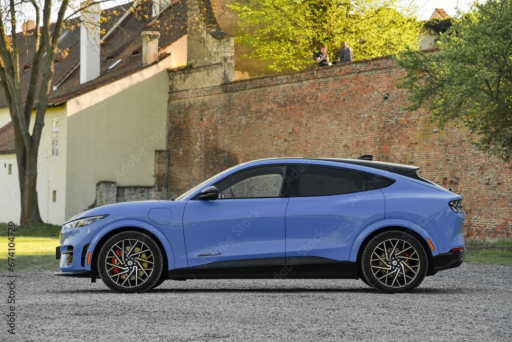 Ford Mustang Mach-E GT. Electric car with 487 horsepower. General side ...