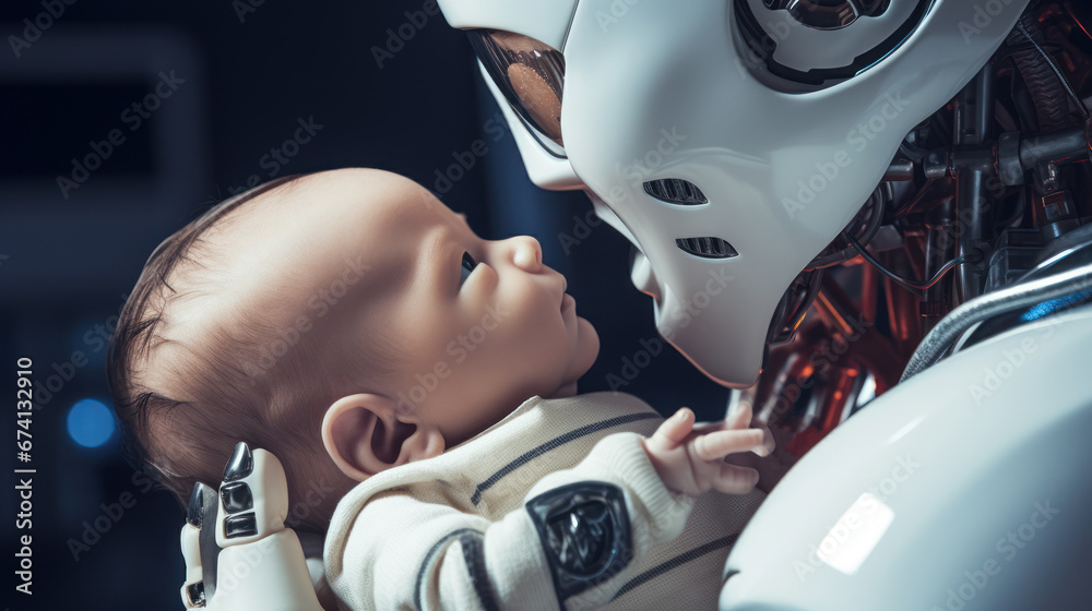humanoid robot holding human baby extremely closeup, ai future Stock ...