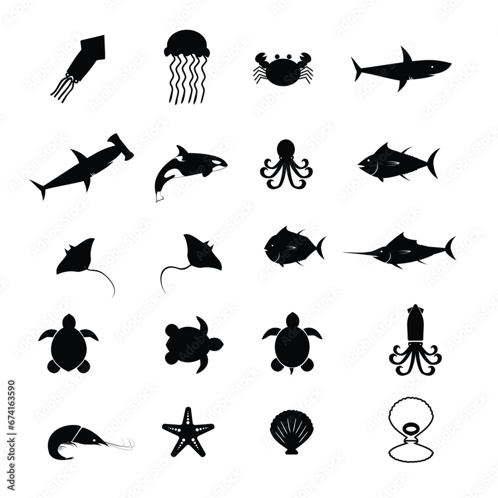 vector designs of ocean dwellers, tuna fish, sharks, whales, stingrays ...