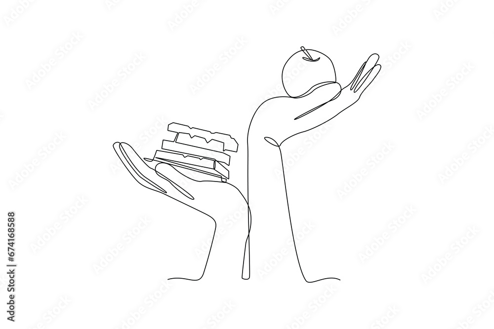 Continuous one line drawing Healthy vs unhealthy food. food nutrition ...