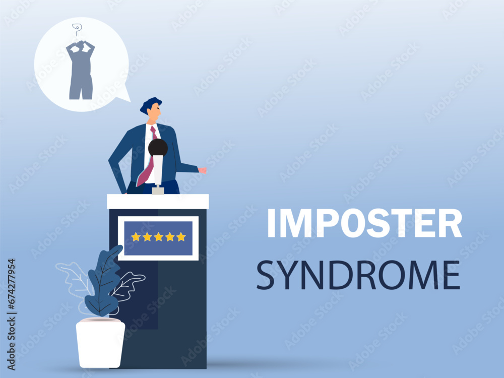 Imposter syndrome.man standing for her present profile with fear shadow ...
