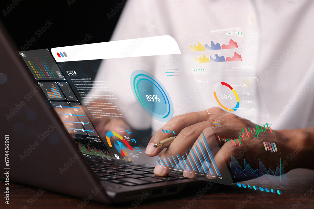 Data analyst working on business analytics dashboard with charts, with ...
