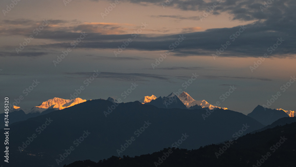 Mount kangchenjunga peak of Himalayan mountains during sunrise. Snow ...
