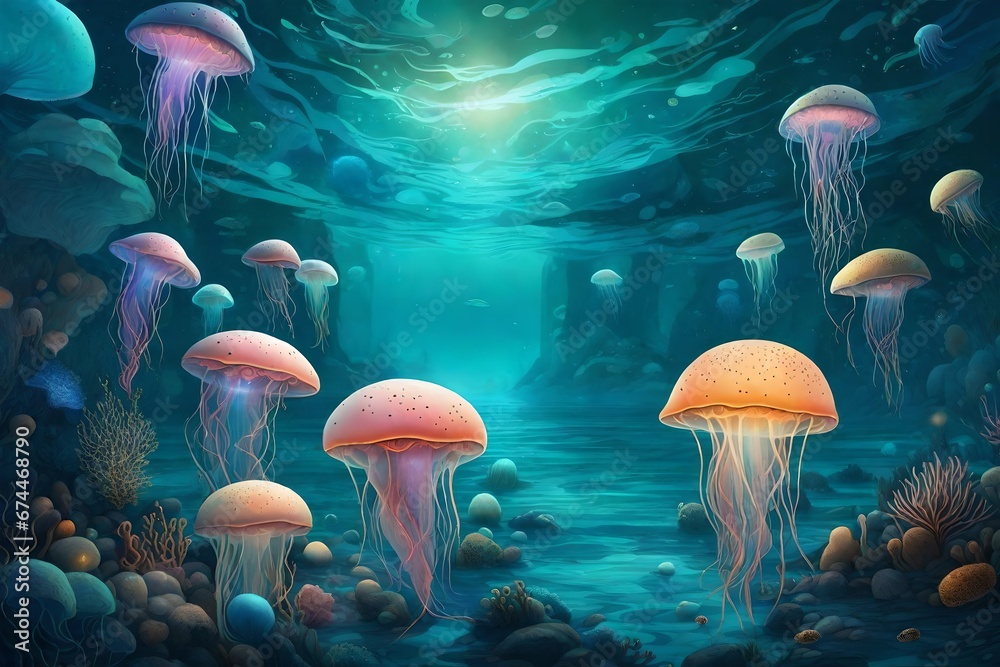 A surreal, underwater world with bioluminescent jellyfish and ...