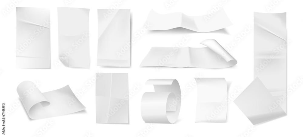 Creasy empty paper sheet, crumpled long bill, rolled blank page mockup ...