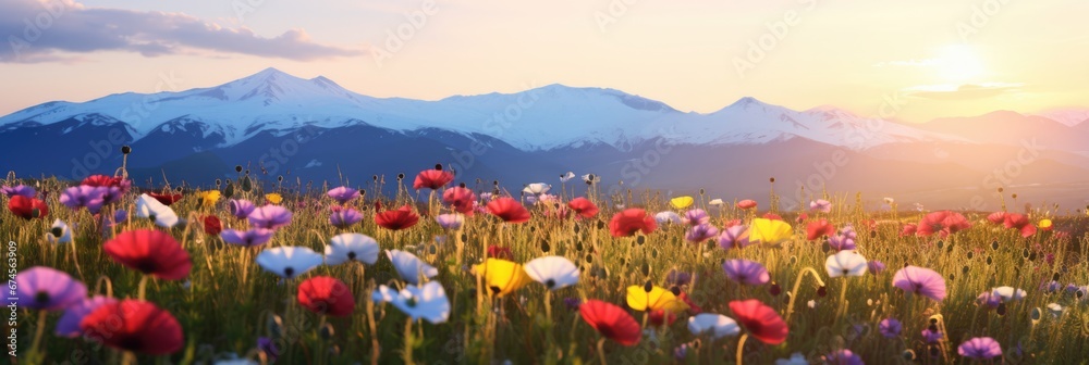 Panoramic view of wild flower field in wild with variable colors and ...