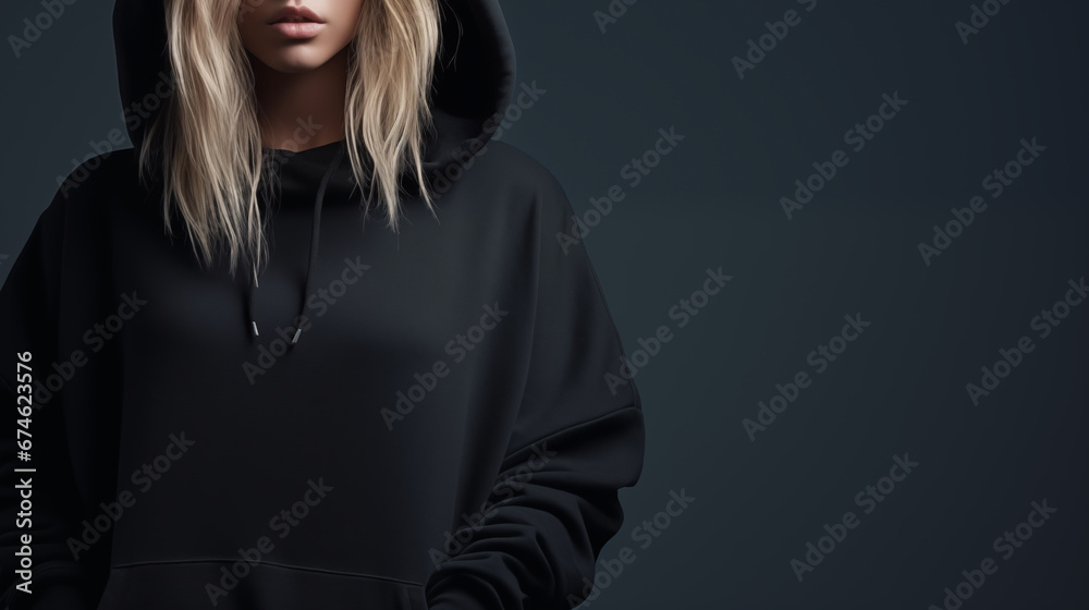 Young beautiful girl in a black hoodie posing. Warm oversized hoodie ...