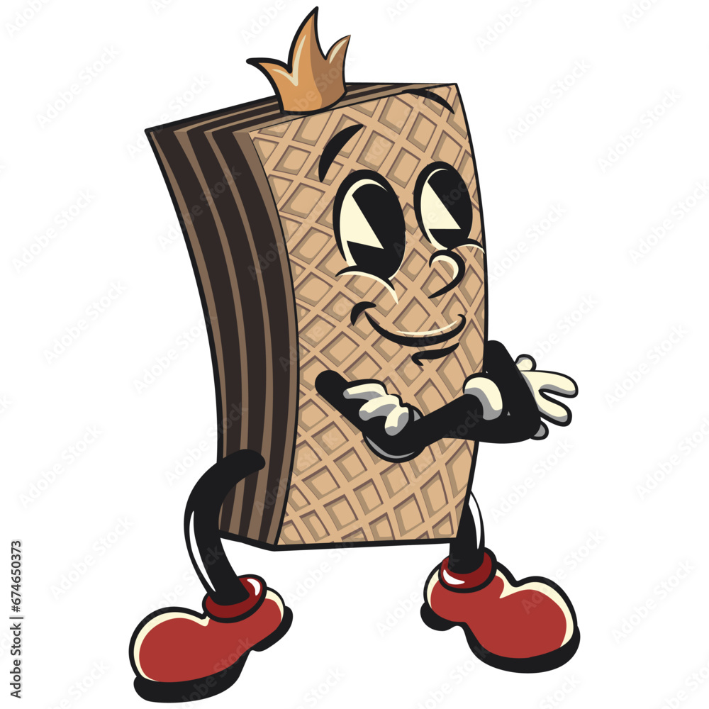 vintage chocolate wafer mascot character with funny face folded hands ...