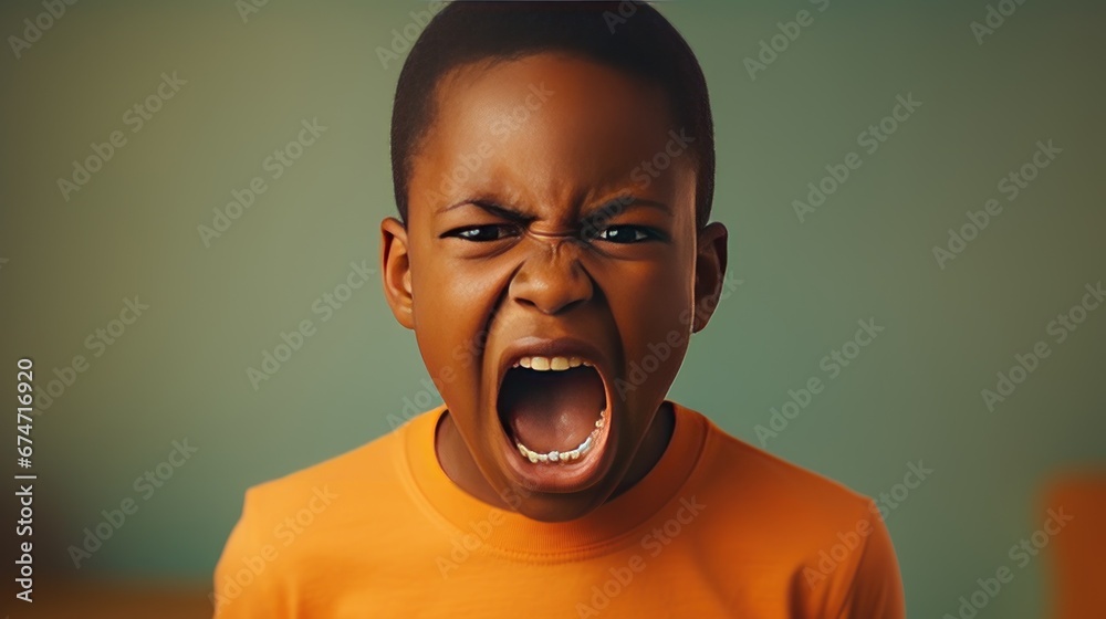 Angry irritated African American boy. Full of rage. Emotional portrait ...