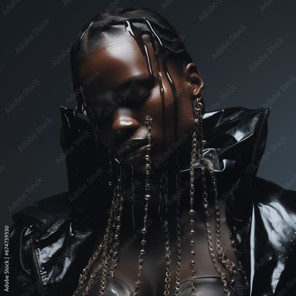 a black female super model who is crying, wearing funeral like attire ...