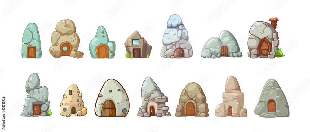 Primitive human dwelling, stones houses. Cartoon isolated dwellings ...