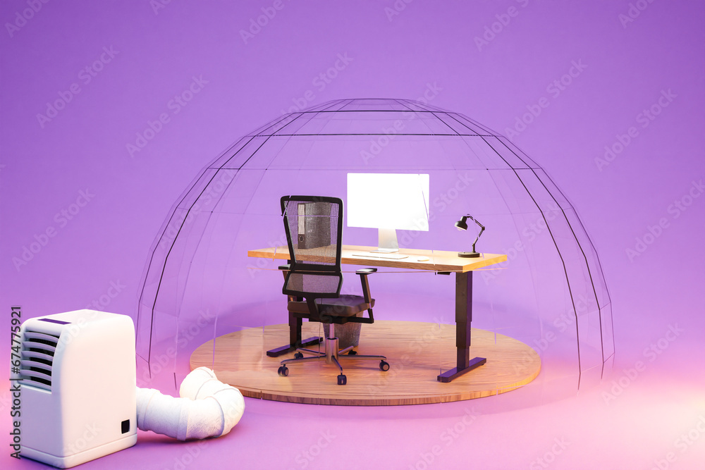 computer workplace under transparent glass dome with air conditioner on ...