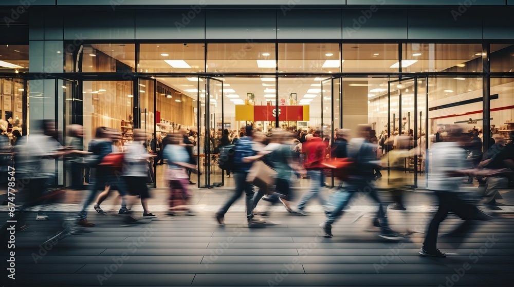 Frenzy Black Friday shoppers running inside shopping mall, crowd of ...