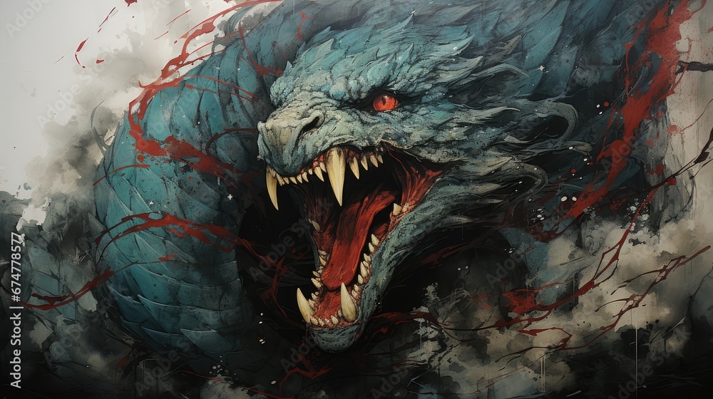 a painting of a godzilla with its mouth open and fangs out, set against ...