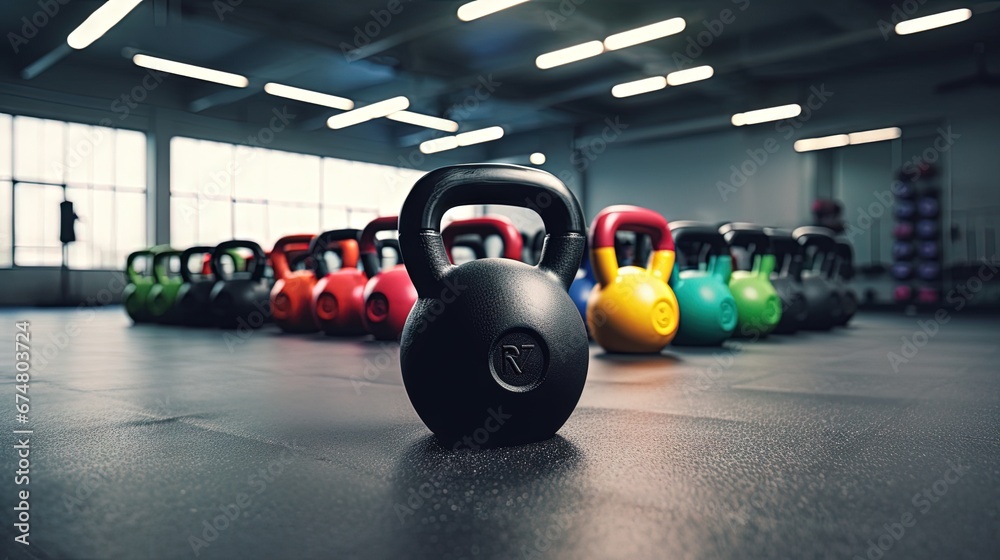 Different sizes of kettlebells weights lying on gym floor. Equipment ...