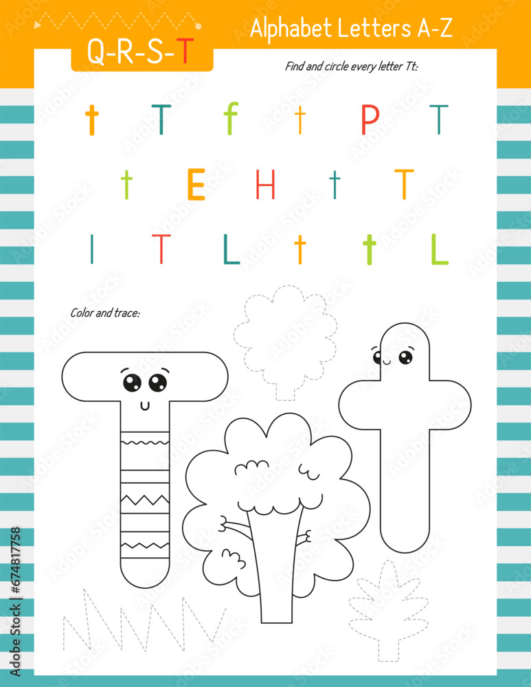 Letter Coloring Worksheet for Kids Activity Book. For Letter T upper ...