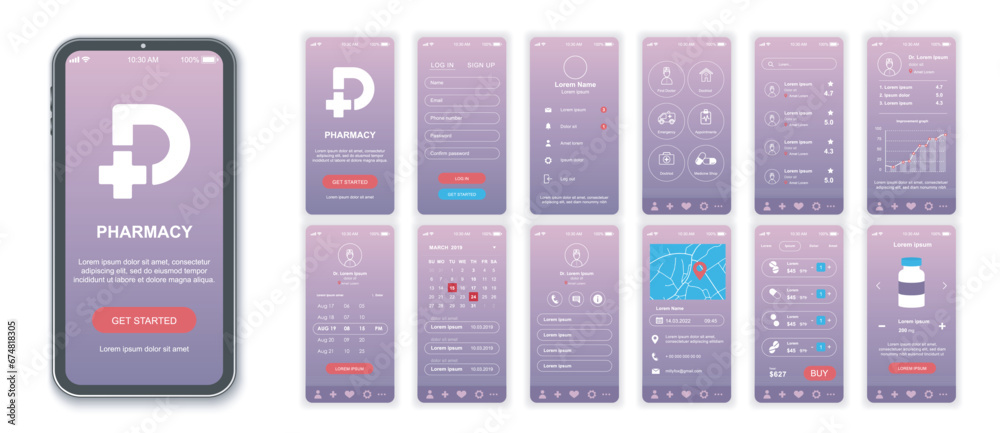 Pharmacy mobile app interface screens template set. Online account ...
