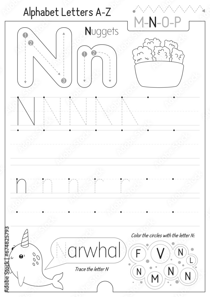 Letter Tracing Worksheet for Activity Book for kids. For Letter N upper and lower case ...