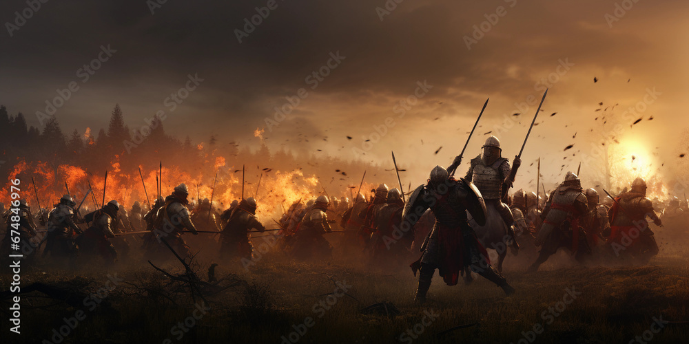 Medieval Battlefield: Photorealistic digital painting of knights and ...