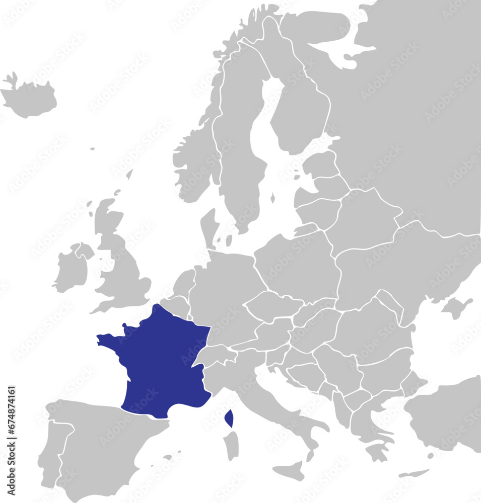 Blue CMYK national map of FRANCE inside simplified gray blank political ...
