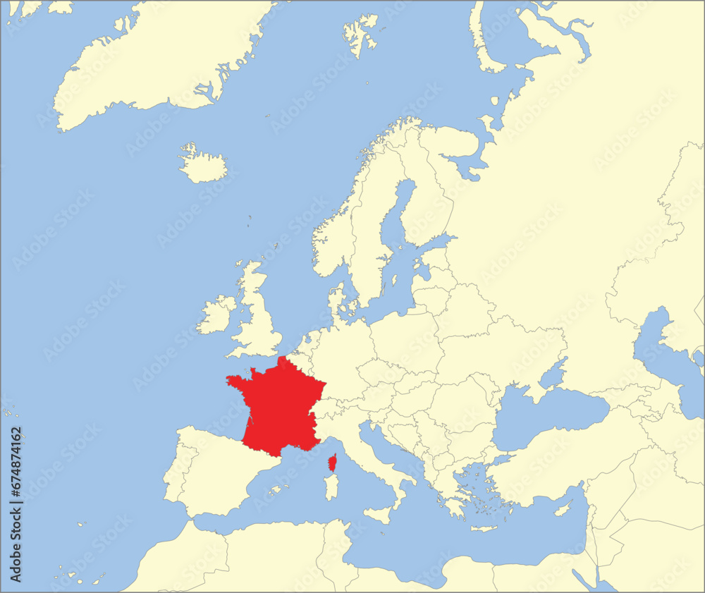 Red CMYK national map of FRANCE inside detailed beige blank political ...