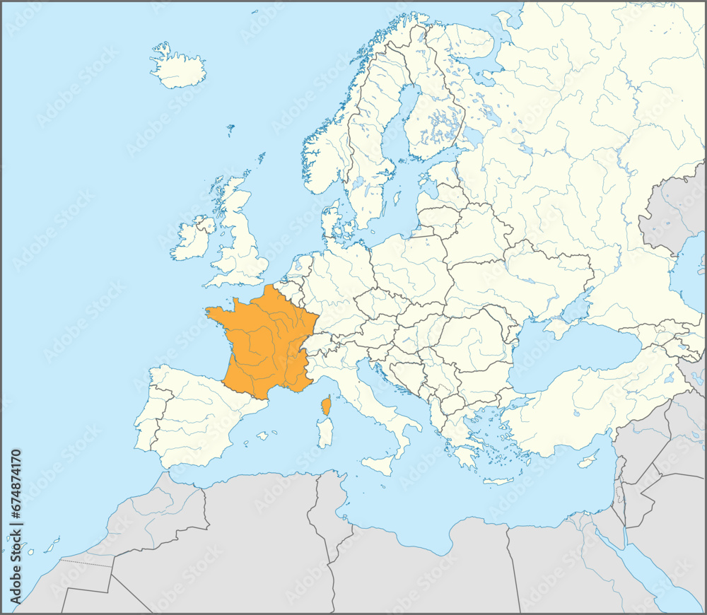 Orange CMYK national map of FRANCE inside detailed beige blank ...