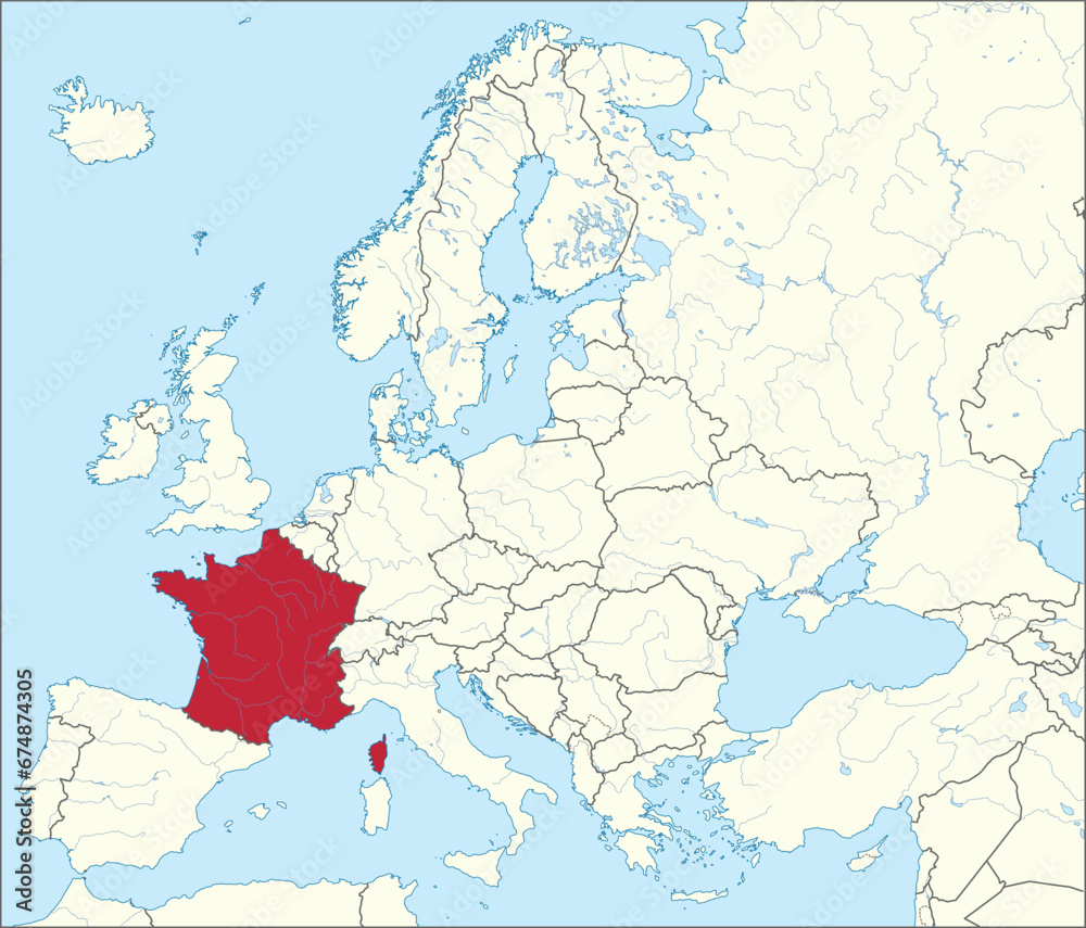 Red CMYK national map of FRANCE inside detailed beige blank political ...