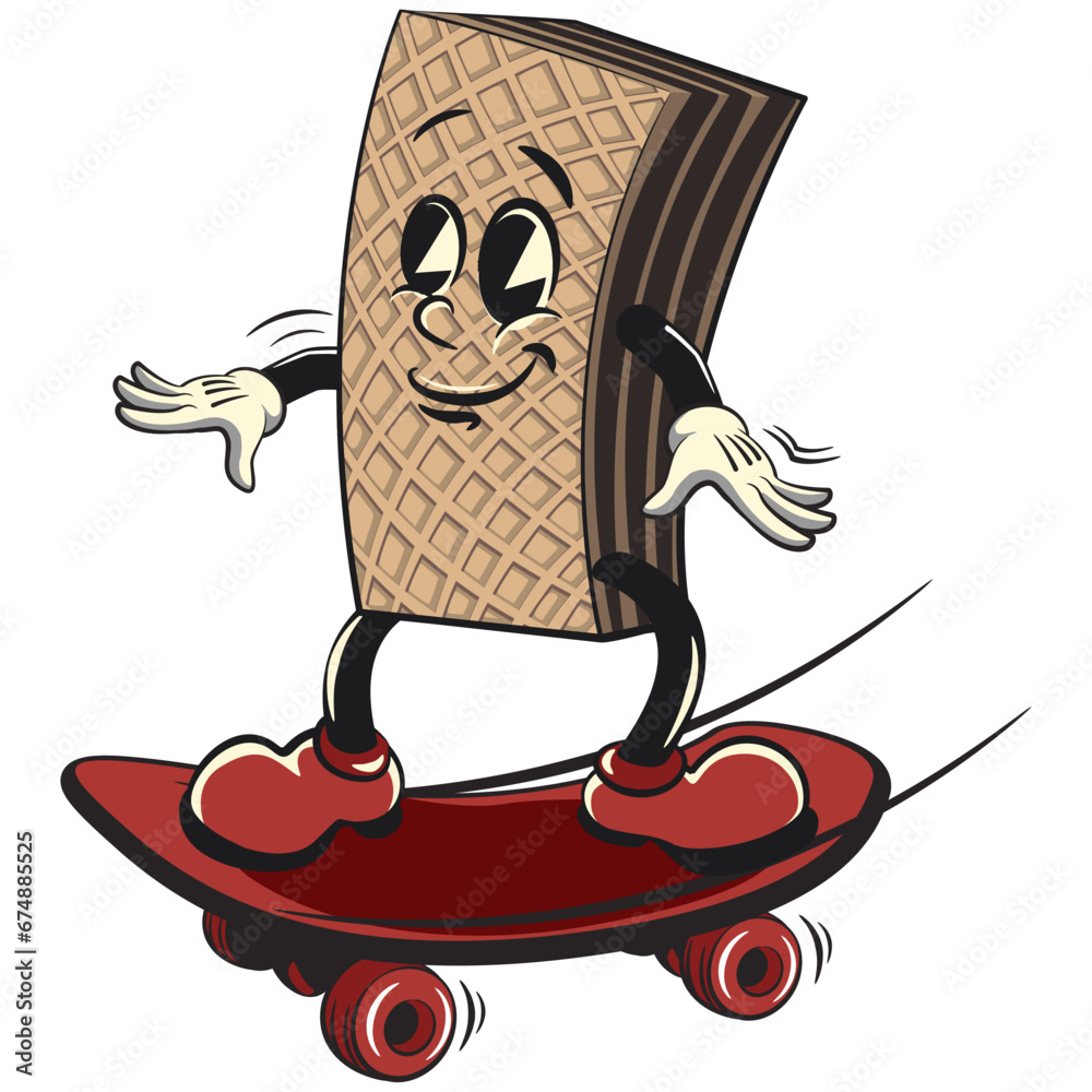 vintage mascot chocolate wafer character with funny face skating with ...