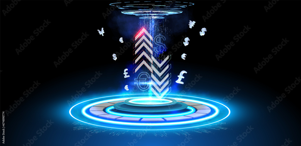 This stock vector image shows a futuristic concept of currency exchange ...