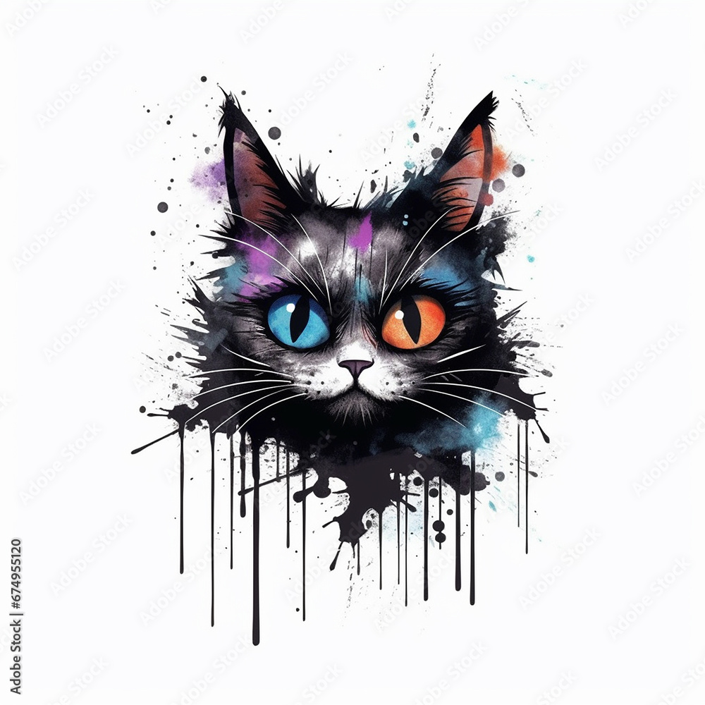 Cat style watercolor painting face tutorial acrylic illustration white ...